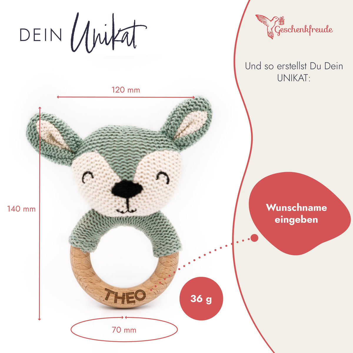 Greifling Baby - Personalisierter Beißring mit Namen in Blau