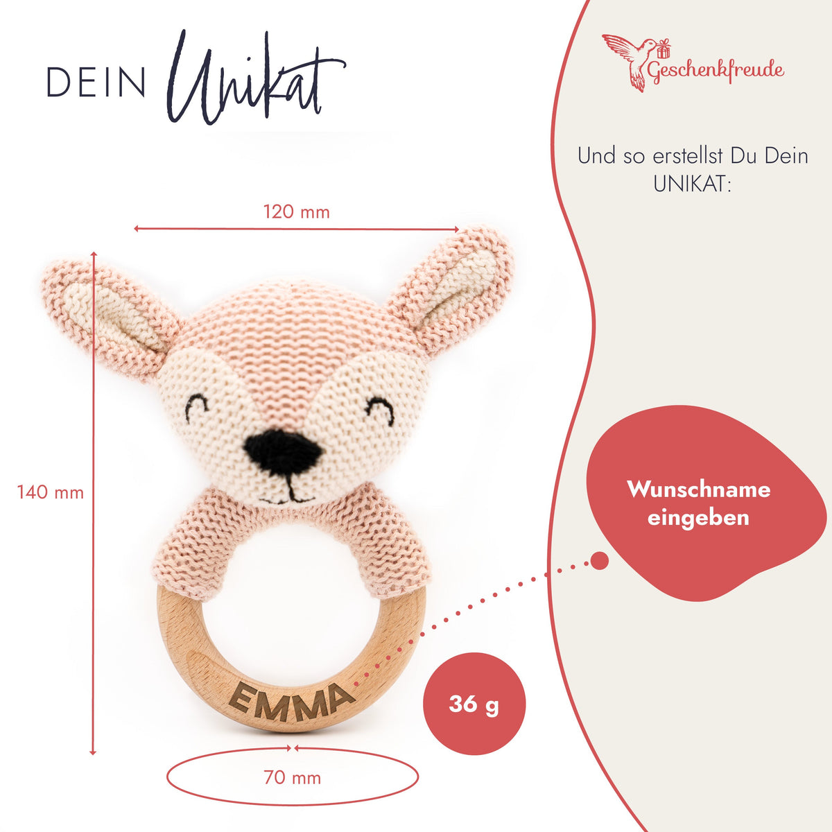 Greifling Baby - Personalisierter Beißring mit Namen in Rosa