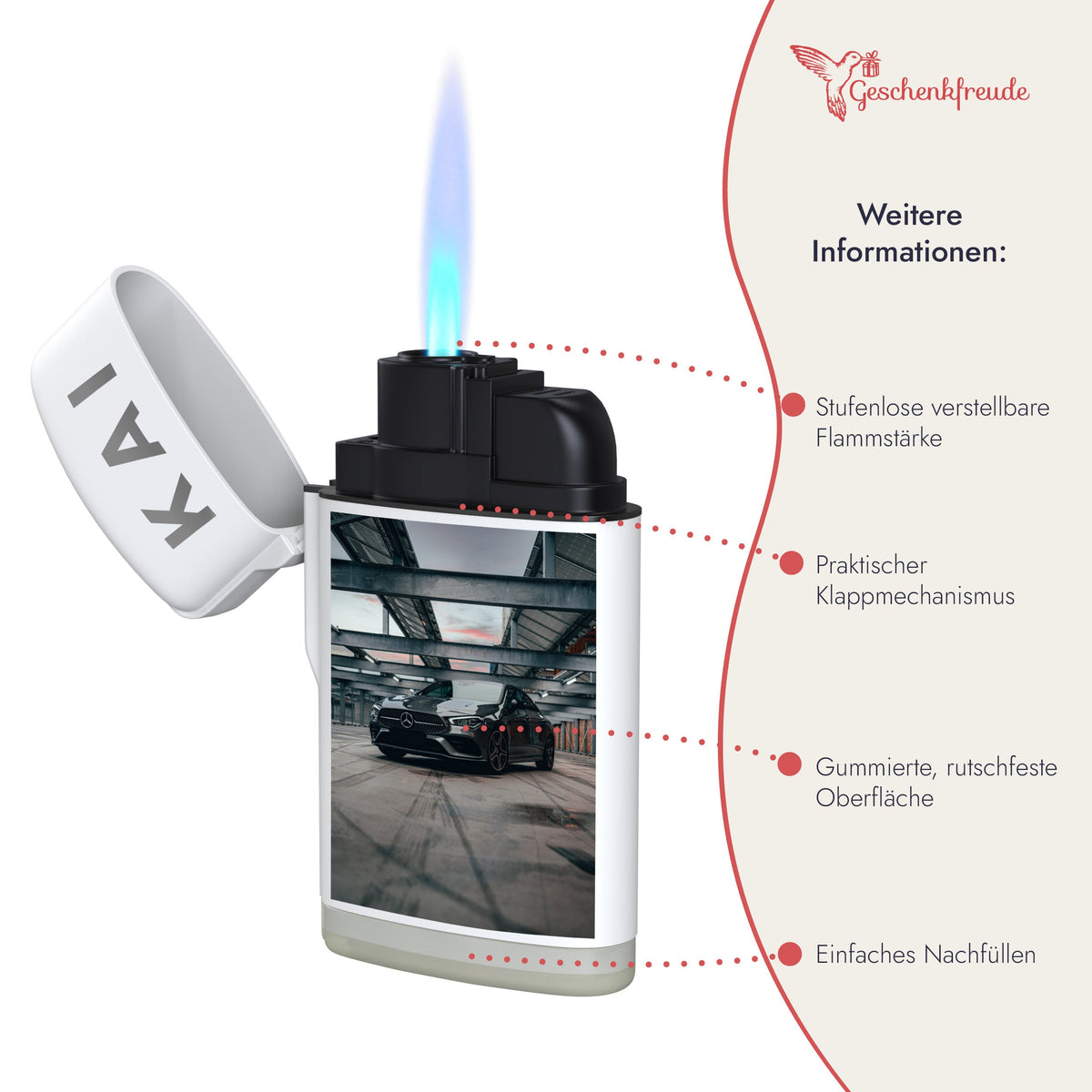 Personalisiertes Feuerzeug mit Foto in Weiß - Rubber JET-Flame